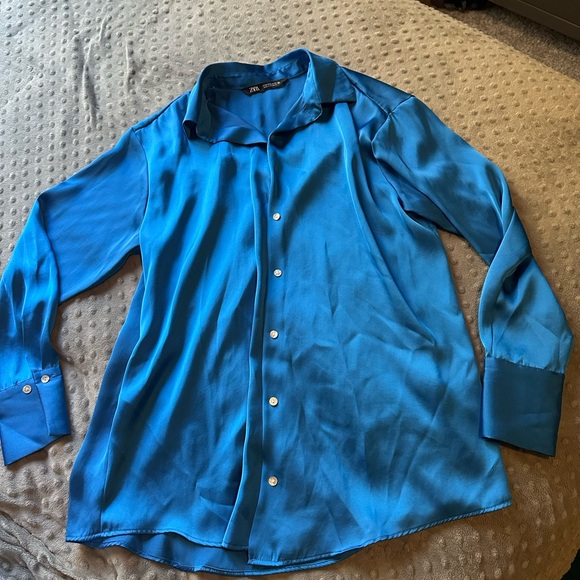 Zara | Tops | Zara Blue Satin Blouse | Poshmark